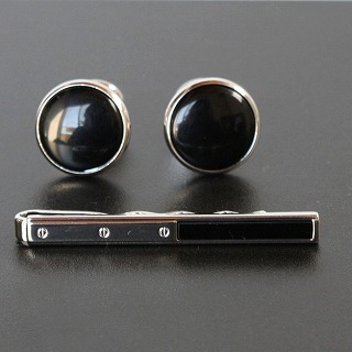 オニキスネクタイピン　ラウンドオニキスカフスセット
