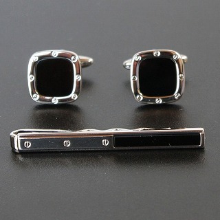 オニキスネクタイピン　スクエアーオニキスカフスセット
