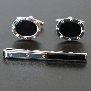 オニキスネクタイピン　オーバルオニキスカフスセット