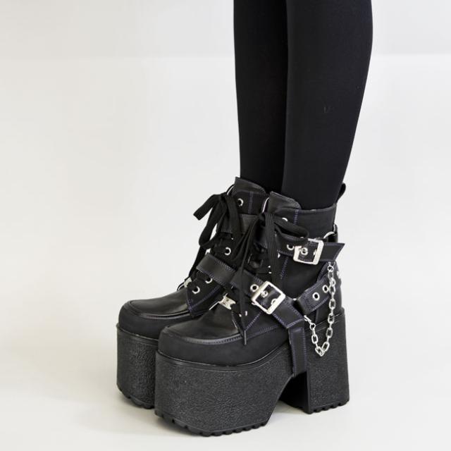 ヨースケ YOSUKE 厚底ブーツ レースアップブーツ ハイソール ゴスロリ リングベルト レディース ブラック 黒 白 4460118