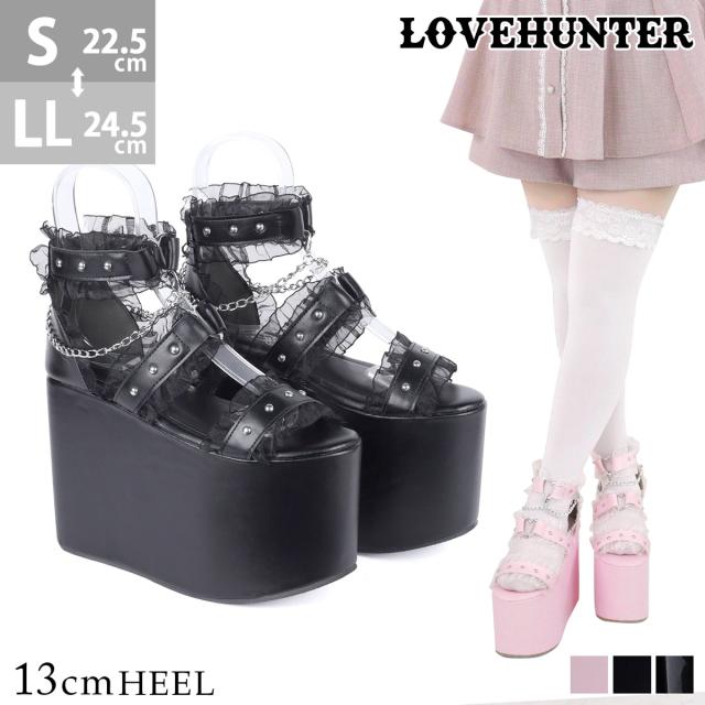 サンダル レディース フリル レース チェーン ハート バックジップ 厚底 13cmヒール レザー 合成皮革 エナメル 地雷系 地雷 量産型 参戦服 闇属性 No.1633 22.5-24.5cm 黒 ブラック ピンク LOVEHUNTER ラブハンター