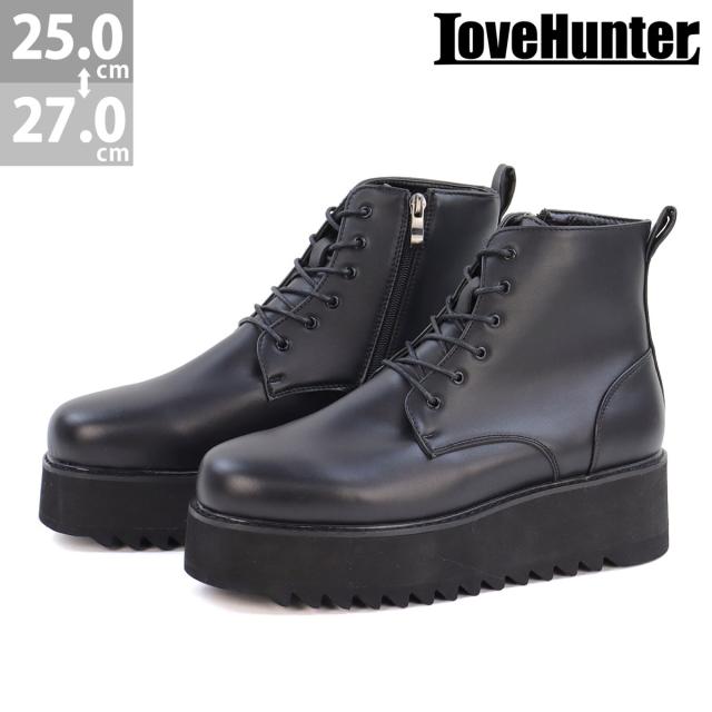 レースアップブーツ メンズ ショート 紐靴 厚底 6cmヒール 防滑 軽量 シャークソール ラウンドトゥ サイドジップ 合皮 No.1739 25cm-27cm 黒 ラブハンター