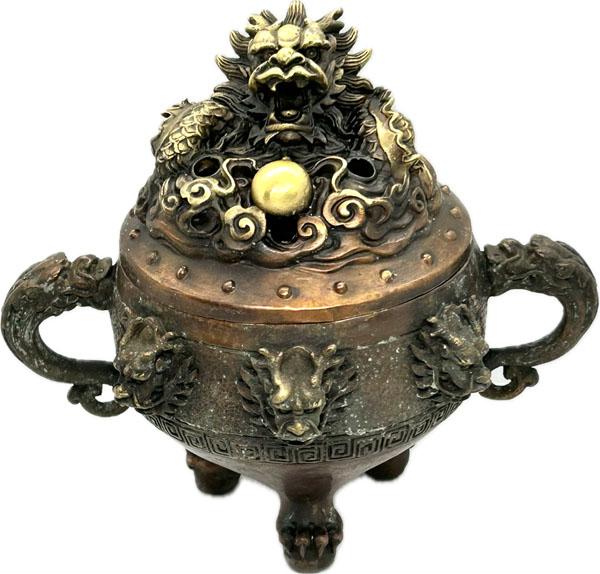 銅製龍香炉 九転乾坤銅色【小】 取っ手付き【送料無料】（沖縄700円）｜龍の置物,9匹の龍,風水,龍,置物,金,風水グッズ ,玄関,四本爪,金龍,宝珠,干支の辰置物,干支の置物,竜開運祈願,金運祈願