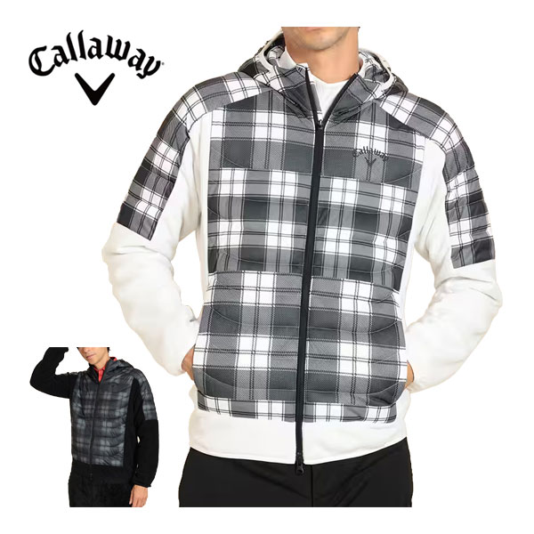 キャロウェイ メンズ ゴルフウェア スターストレッチ フリース チェックプリント ハイブリッド フーディ 中綿 ブルゾン C23217109 2023年秋冬モデル M-3L