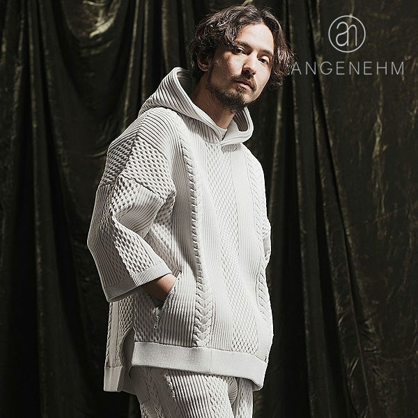 50%OFF SALE セール ANGENEHM アンゲネーム Light yarn cable stitch short sleeve hoodie メンズ atftps