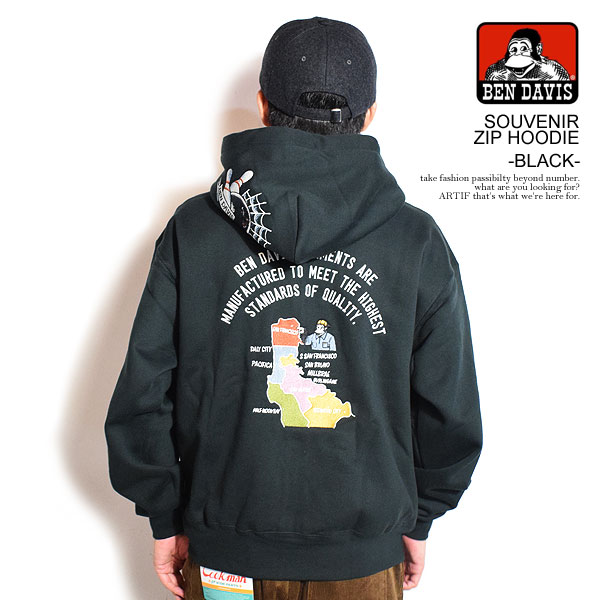 BEN DAVIS ベンデイビス SOUVENIR ZIP HOODIE -BLACK- メンズ パーカー ジップパーカー 裏起毛 ヘビーウェイト 送料無料 atftps