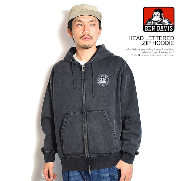 BEN DAVIS ベンデイビス HEAD LETTERED ZIP HOODIE メンズ パーカー ジップパーカー 裏起毛 ヘビーウェイト ブリーチ加工 atftps