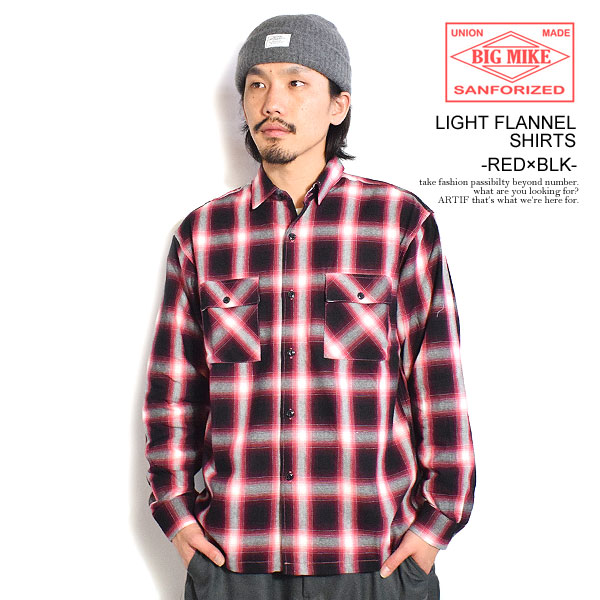 BIG MIKE ビッグマイク LIGHT FLANNEL SHIRTS - RED×BLACK メンズ シャツ 長袖 チェックシャツ ネルシャツ atftps