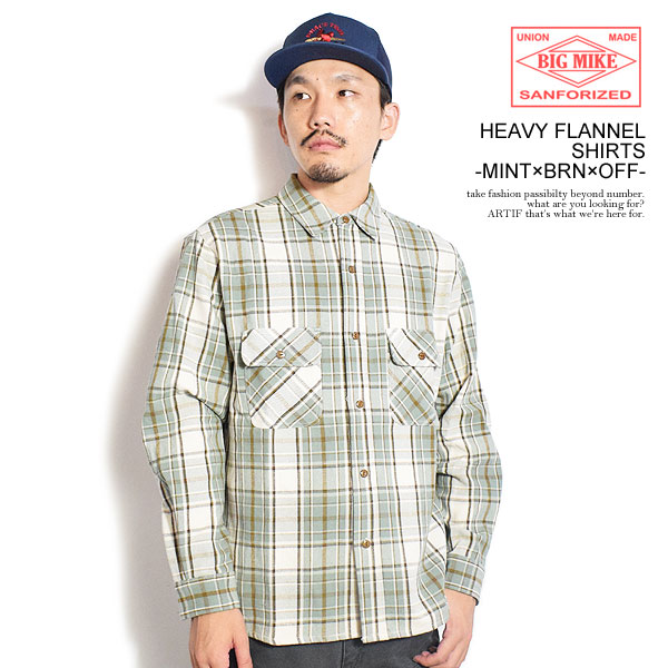 BIG MIKE ビッグマイク HEAVY FLANNEL SHIRTS -MINT×BRN×OFF- メンズ シャツ 長袖 チェックシャツ ネルシャツ 送料無料 atftps
