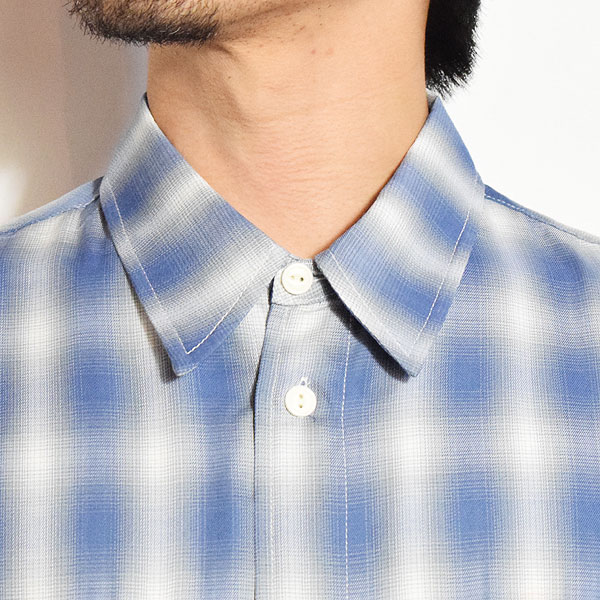 BIG MIKE ビッグマイク RAYON MIX OMBRE SLIT L/S SHIRTS -BLU×WHT- メンズ シャツ 長袖 チェックシャツ レーヨンシャツ atftps