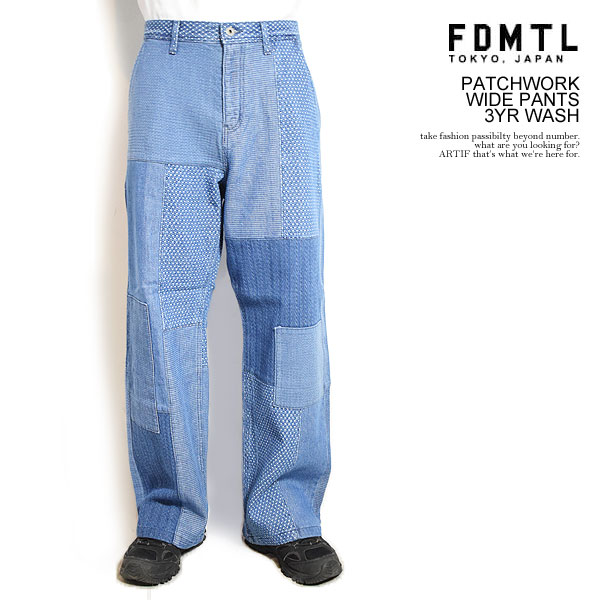 FDMTL ファンダメンタル PATCHWORK WIDE PANTS 3YR WASH パンツ デニム インディゴ パッチワーク 刺し子 送料無料 atfpts