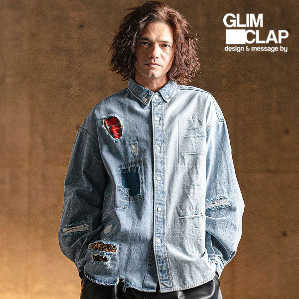 2025 春夏 1st 先行予約 2月上旬〜中旬入荷予定 GLIMCLAP グリムクラップ Distressed denim shirt メンズ シャツ atftps