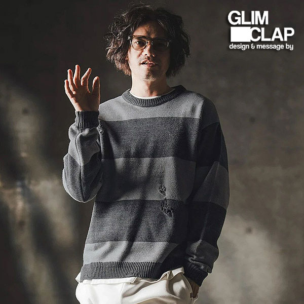 2025 秋冬 1st 先行予約 9月上旬〜中旬入荷予定 GLIMCLAP グリム Mid-gauge crewneck  border sweater-Distressed for a vintage look-