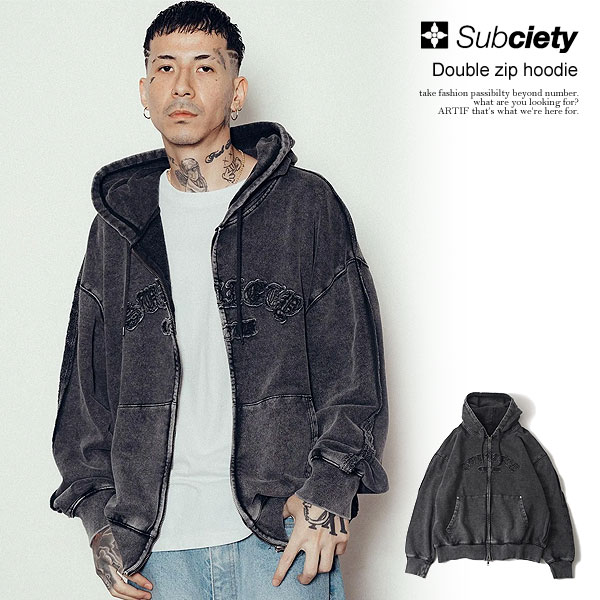 SUBCIETY サブサエティ Double zip hoodie subciety メンズ パーカー ジップパーカー ハードウォッシュ加工 裏パイル 送料無料 atftps