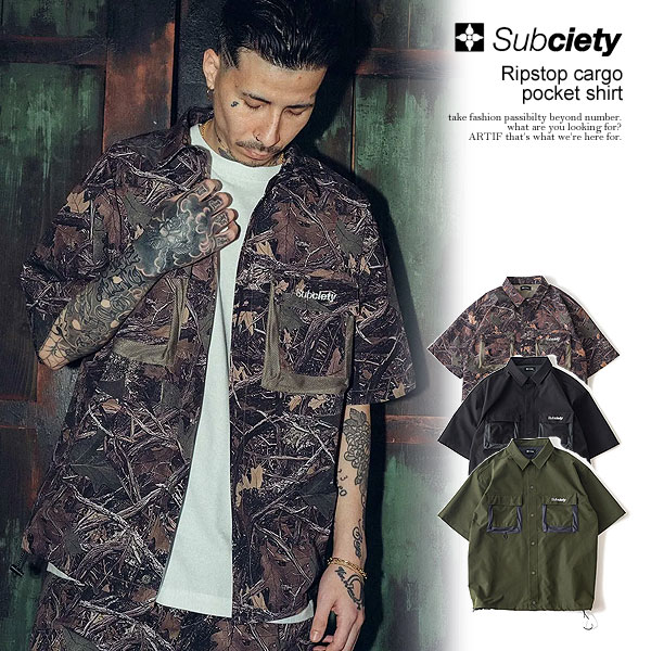 SUBCIETY サブサエティ Ripstop cargo pocket shirt subciety メンズ シャツ 半袖シャツ リップストップ ミリタリーシャツ atftps