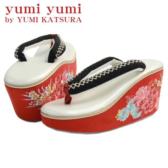 〔zu〕yumi yumi 薔薇刺繍 厚底足型フィット草履 朱色 黒鼻緒 フリーサイズ 草履 成人式 厚底 卒業式 ヒール 痛くない 単品 yumi yumi by YUMI KATSURA 桂由美