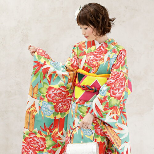 振袖 レンタル セット 20点フルセット 「水色地に牡丹と矢絣」2月〜12