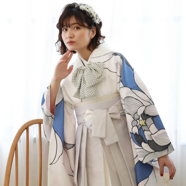 卒業式 袴 レンタル 女 大学 フルセット 青 袴セット 女性  袴フルセットレンタル シンプル 「白地に大花」   大人