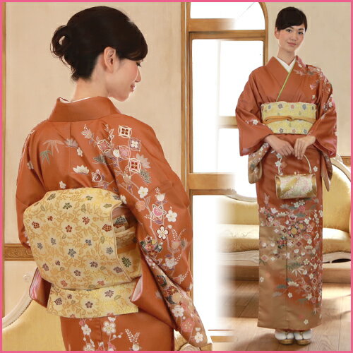訪問着 レンタル 19点フルコーディネートレンタルセット「茶色地に梅 ひょうたん 小槌」結婚式 入学式 七五三