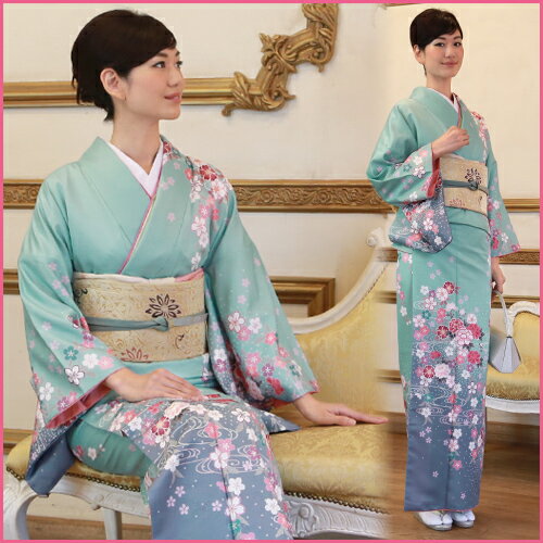 訪問着 レンタル 19点フルコーディネートレンタルセット「青緑地に牡丹と桜と水流」結婚式 入学式 七五三