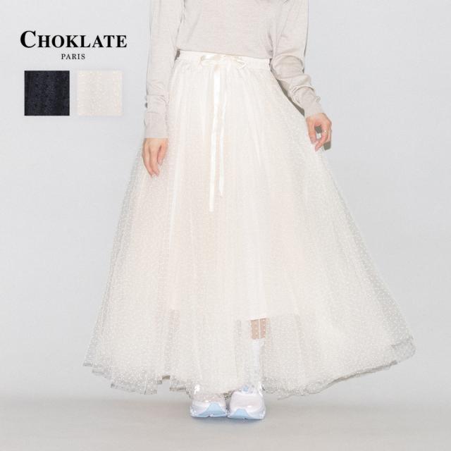 チョコレートパリ CHOKLATE PARIS チュールスカート ドット レディース ロングスカート かわいい きれいめ カジュアル ロング丈 水玉 リボン付き ウエストゴム 裏地あり Aライン CK08077-3
