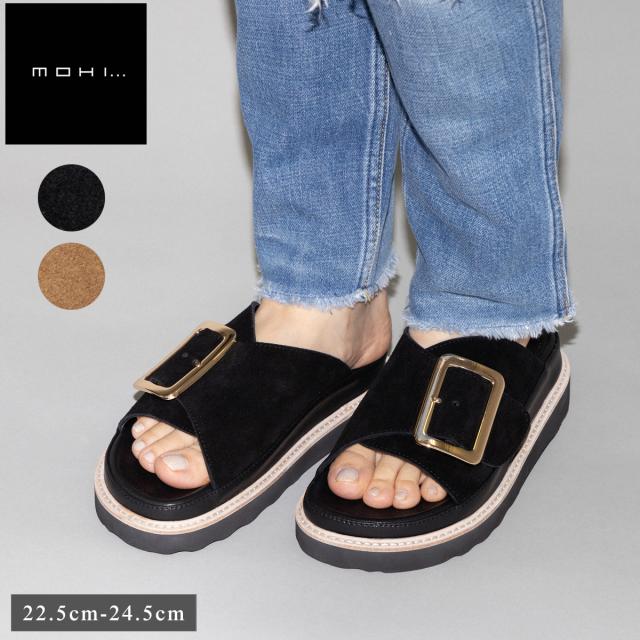 モヒ MOHI バックルサンダル レディース 厚底サンダル ベルト スエード レザー 牛革 カジュアル サンダル シューズ ボリューム バックル調整可能 24024-2-AF