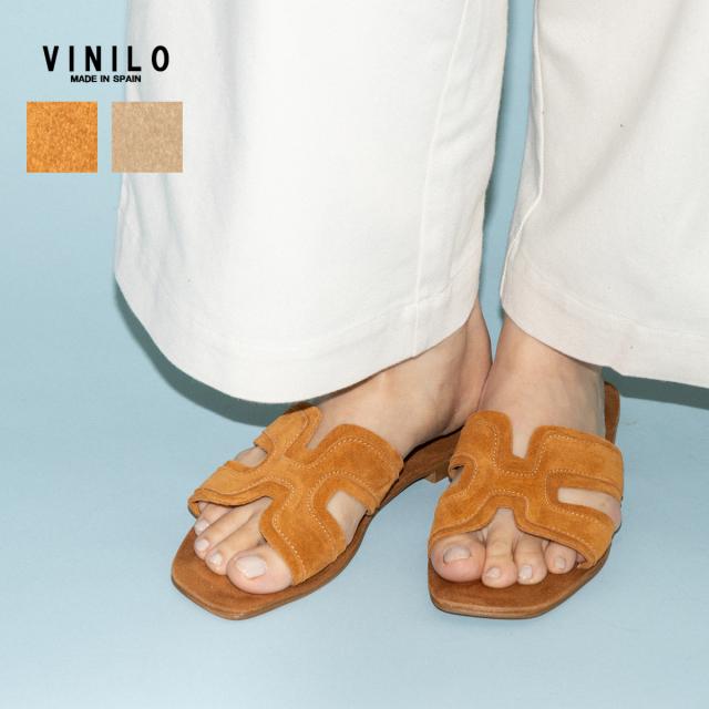 ヴィニーロ VINILO フラットサンダル レディース レザーサンダル スエード ローヒール 歩きやすい H型 スクエアトゥ フラットヒール Hデザイン きれいめ カジュアル 上品 シューズ 靴 694-CR