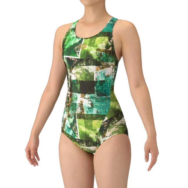 アリーナ arena アクアエクサ フィットネスワンピース(オープンバック ぴったりパッド) レディース グリーン 緑 水泳 スイム フィットネス 水着 ワンピース AS5FWF06L-GRGD