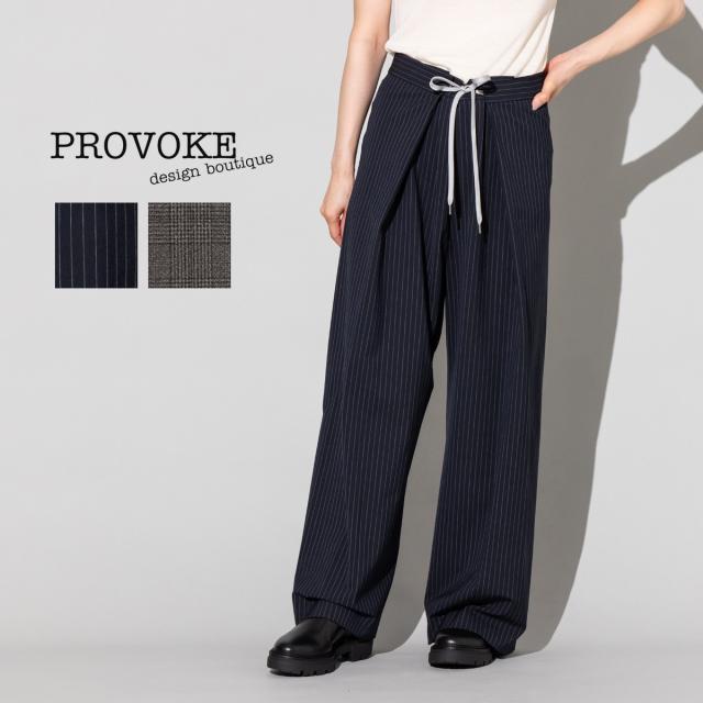 プロヴォーク PROVOKE tuck wide pants タックワイドパンツ レディース グレンチェック ストライプ ドロストパンツ ロングパンツ きれいめ きちんと感 おしゃれ 透け感なし 裏地あり PV-050091