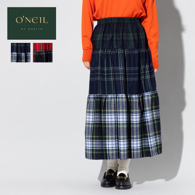 【正規取扱い店】オニールオブダブリン ONEIL OF DUBLIN SLIMLINE TIERED SKIRT スリムライン ティアード スカート レディース ロングスカート チェック柄 秋 冬 ロング丈 切り替え トラッド ウエストゴム 241EA-83