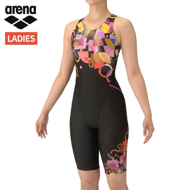 アリーナ arena フィットネスワンピーススパッツ(オープンバック ハーフレッグ ひっかけパッド) レディース ブラック 黒 水泳 スイム フィットネス 水着 オールインワン AS5FWF12L-BKOR