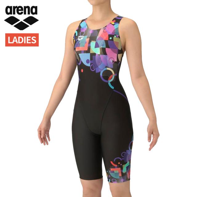 アリーナ arena フィットネスワンピーススパッツ(オープンバック ハーフレッグ ひっかけパッド) レディース ブラック 黒 水泳 スイム フィットネス 水着 オールインワン AS5FWF12L-BKPP