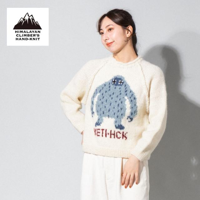 ヒマラヤンクライマーズハンドニット HIMALAYAN CLIMBERS HANDKNIT レディース手編みYETIジャガードクルー 秋 冬 ホワイト 白 カジュアル ウェア 雪男 ケーブルニット クルーネック 厚手 防寒 秋冬 暖かい 羊 ウール100% SDGs HCK-L6