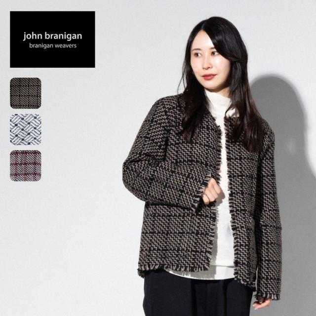 ジョンブラニガン John Branigan ジャケット レディース 秋 冬 チェック フリンジ ポケット ノーカラー 長袖 おしゃれ きれいめ 上品 JB240