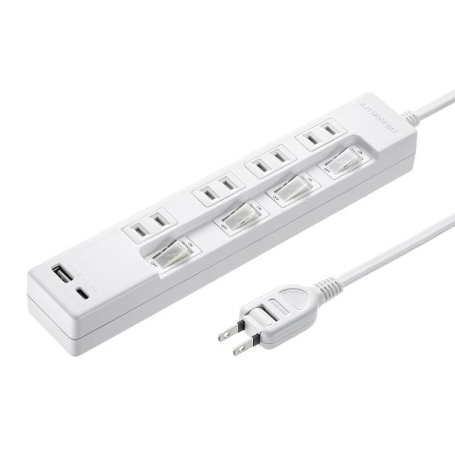 （まとめ買い）サンワサプライ USB充電機能付きタップ Type-C搭載 2P 4個口 2m TAP-B102UC-2W 〔×3〕 【北海道・沖縄・離島配送不可】