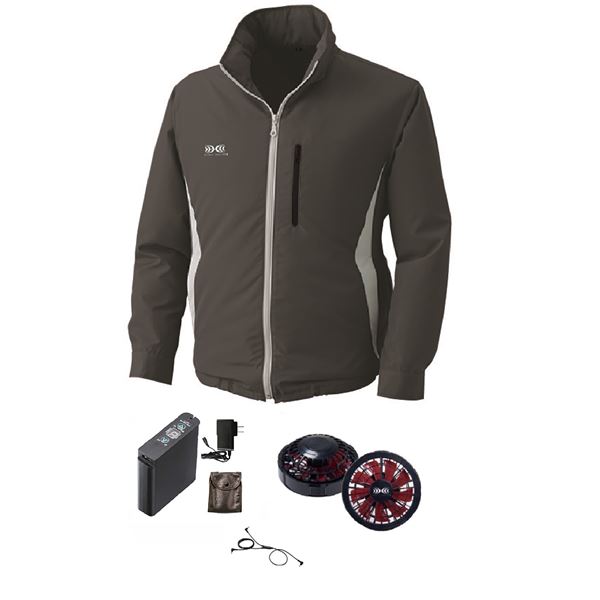 フード付き ポリエステル製 空調服/作業着 〔ファンカラー：ブラックレッド チャコール XL〕 リチウムバッテリー付き 撥水 LIPRO2 KU91520 【北海道・沖縄・離島配送不可】