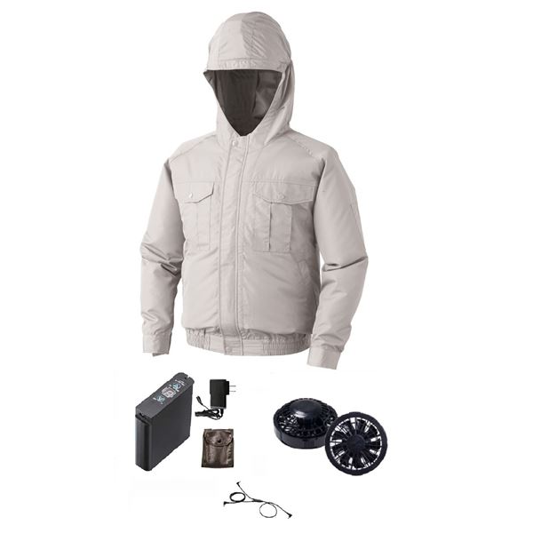 フード付 ポリエステル 空調服/作業着 〔ファンカラー：ブラック シルバー L〕 リチウムバッテリー付き 撥水性 LIPRO2 KU90810 【北海道・沖縄・離島配送不可】