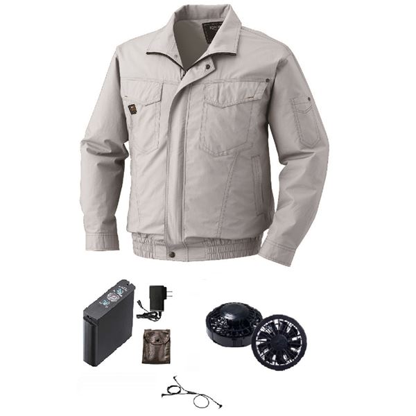 綿薄手長袖 タチエリ空調服/作業着 〔ファンカラー：ブラック シルバー 5L〕 コットン リチウムバッテリー付き LIPRO2 KU91400 【北海道・沖縄・離島配送不可】