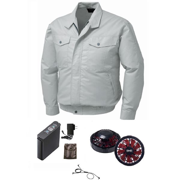 綿・ポリ混紡制電 空調服/作業着 〔ファンカラー：ブラックレッド カラー：シルバー 2L〕 リチウムバッテリー付き KU91710 JIS T 8118 【北海道・沖縄・離島配送不可】