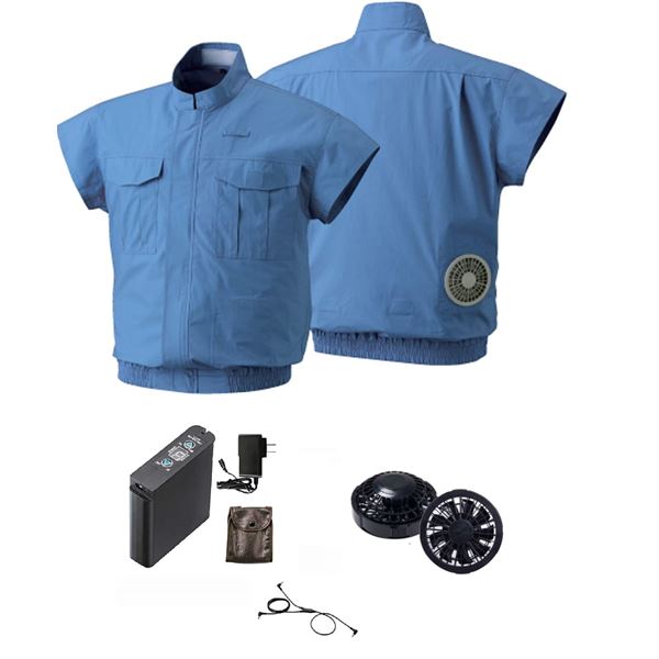 電設作業用 空調服 NO5732 〔ファンカラー：ブラック カラー：ライトブルー XL〕 リチウムバッテリー(LIPRO2)セット 綿100% 【北海道・沖縄・離島配送不可】