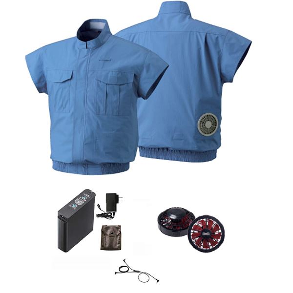 電設作業用 空調服 NO5732 〔ファンカラー：ブラックレッド カラー：ライトブルー L〕 リチウムバッテリー(LIPRO2)セット 綿100% 【北海道・沖縄・離島配送不可】