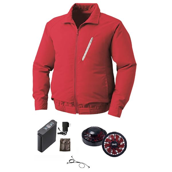 ポリエステル製 長袖 空調服/作業着 〔ファンカラー：ブラックレッド カラー：レッド 2L〕 リチウムバッテリー付き LIPRO2 KU90510 【北海道・沖縄・離島配送不可】