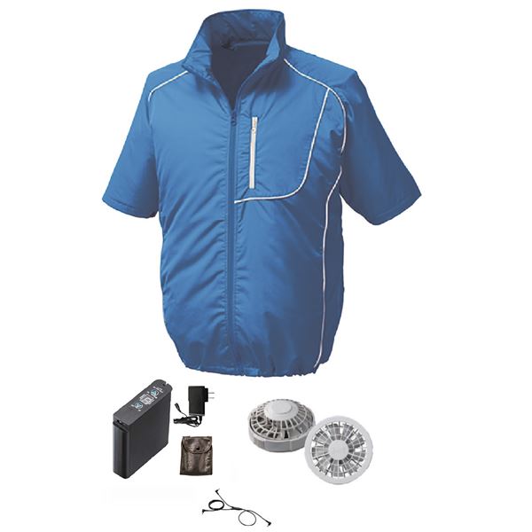 半袖 空調服/作業着 〔ファンカラー：グレー カラー：ブルー×ホワイト 4L〕 リチウムバッテリー付き LIPRO2 KU91720 【北海道・沖縄・離島配送不可】