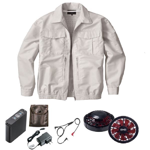 KU92130 空調服 R 綿ポリ混紡 スペーサー一体型 FAN2200BR・CBB500ロングケーブル・LIPRO2セット シルバー 5L 【北海道・沖縄・離島配送不可】