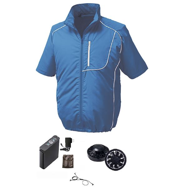 半袖 空調服/作業着 〔ファンカラー：ブラック カラー：ブルー×ホワイト L〕 リチウムバッテリー付き LIPRO2 KU91720 【北海道・沖縄・離島配送不可】