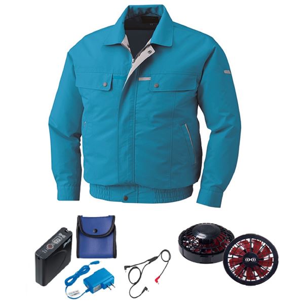 KU90450 空調服 R 綿・ポリ混紡 脇下マチ付き FAN2200BR・RD9261・LISUPER1セット ターコイズブルー LL 【北海道・沖縄・離島配送不可】