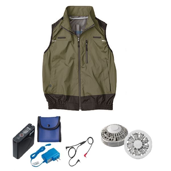 KU92120 空調服 R ポリエステル製 遮熱フルハーネス仕様ベスト FAN2200G・RD9261・LISUPER1セット カーキグリーン 4L 【北海道・沖縄・離島配送不可】