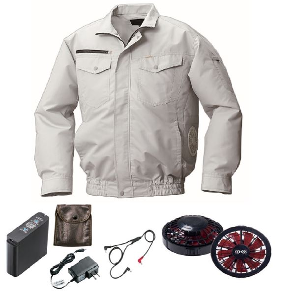 KU92030 空調服 R 綿・ポリ混紡 横ファン FAN2200BR・CBB500ロングケーブル・LIPRO2セット シルバー 4L 【北海道・沖縄・離島配送不可】