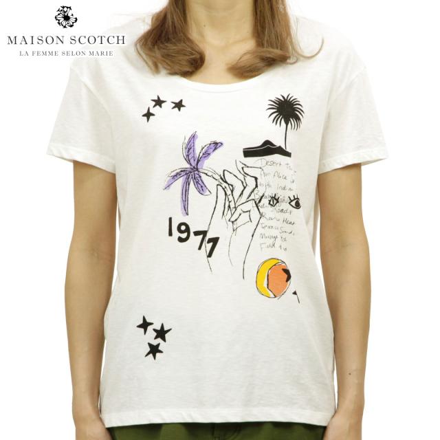 メゾンスコッチ MAISON SCOTCH 正規販売店 レディース 半袖Tシャツ RELAXED FIT OPEN NECK TEE WITH HAND DRAWN ARTWORK 143714 01 54404 OFF WHI クリスマス プレゼント ラッピング