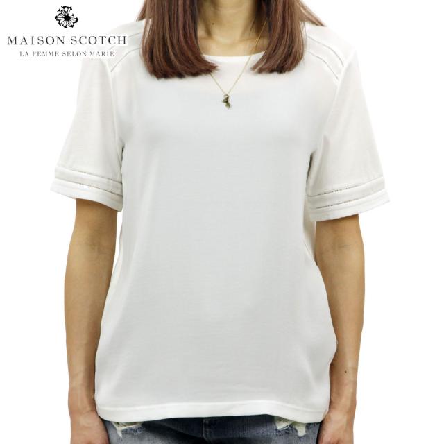 メゾンスコッチ MAISON SCOTCH 正規販売店 レディース 無地 半袖Tシャツ WOVEN AND JERSEY MIXED TEE WITH LADDER TAPE INSERTS 143755 01 54436 OFF WHI クリスマス プレゼント ラッピング